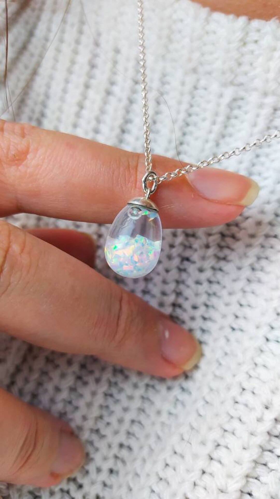 Floating Teardrop Opal Vial Necklace, 925 Sterling Silver Opal Pendant ...