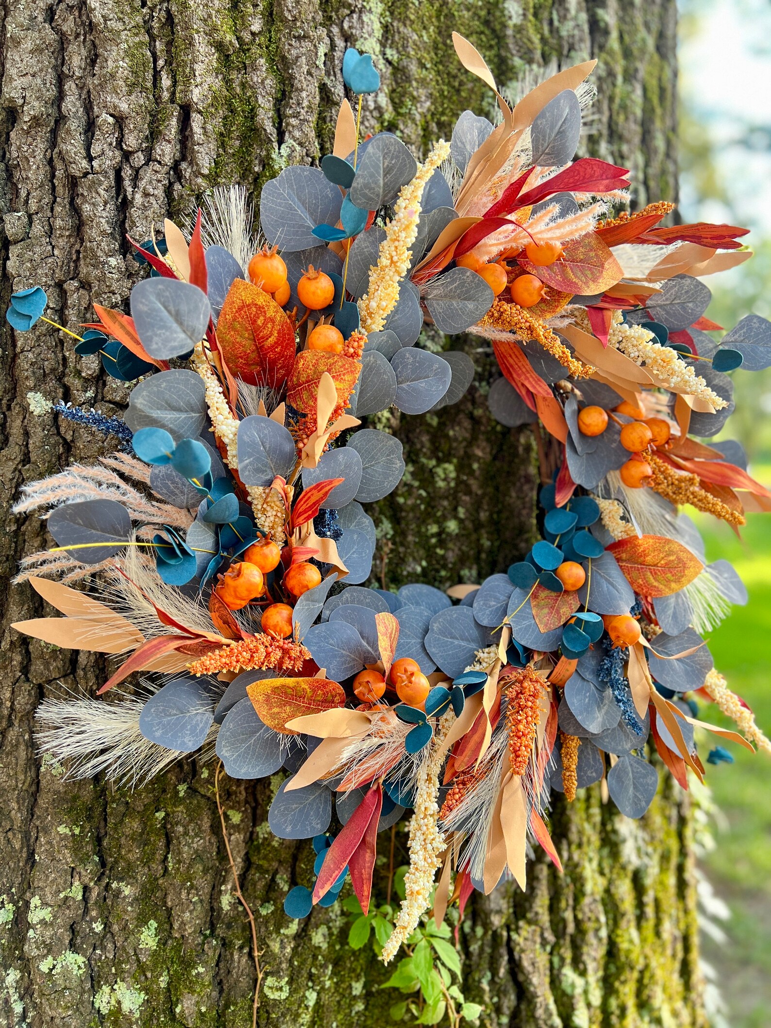 Blue and Orange Fall Wreath for Front Door, Blue and Orange Foxtail ...