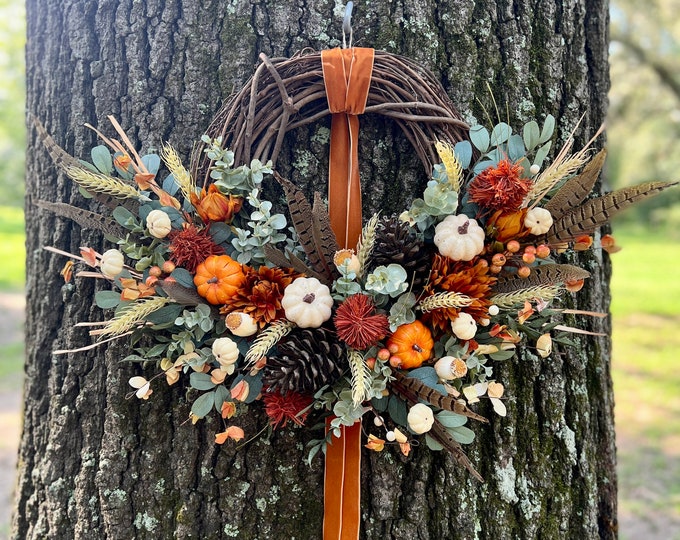 Fall Wreath for Front Door Fall Wreath With Pumpkins Rust - Etsy
