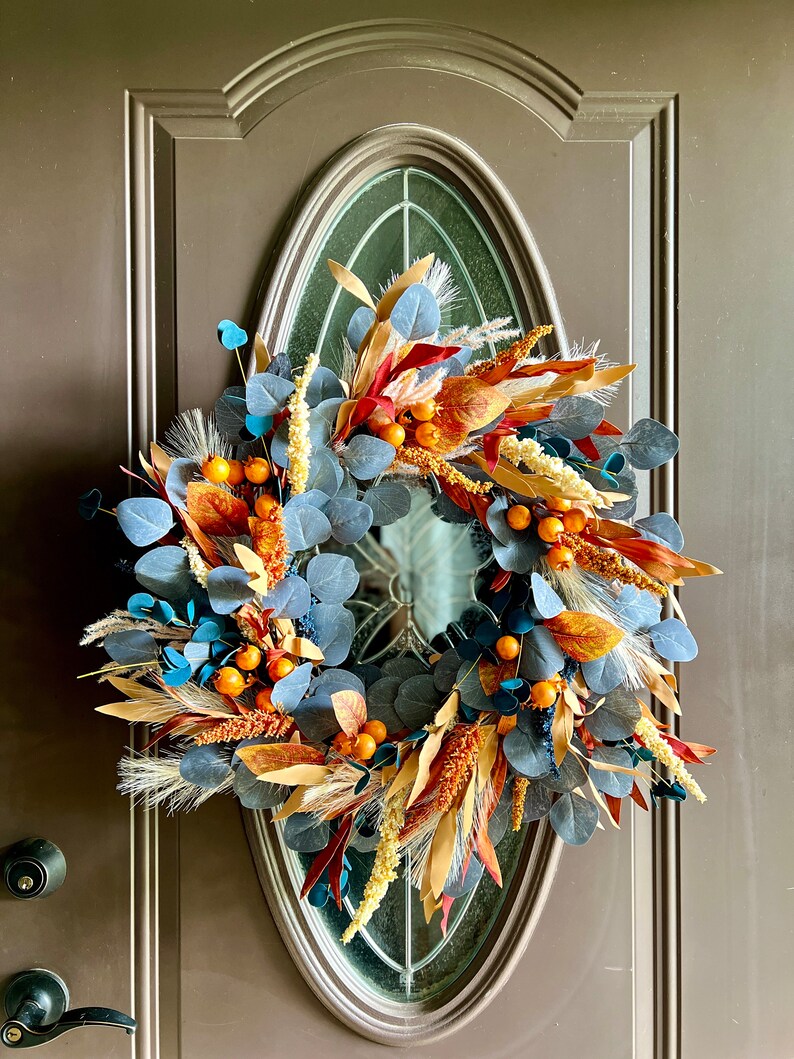 Blue and Orange Fall Wreath for Front Door, Blue and Orange Foxtail ...