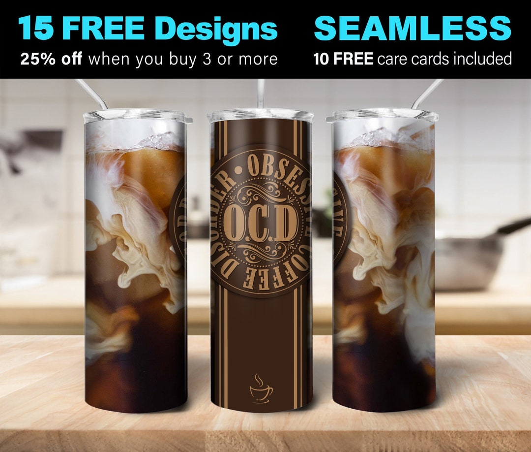 Iced Coffee O.C.D Seamless 20oz Skinny Tumbler, Sublimation Design, PNG ...