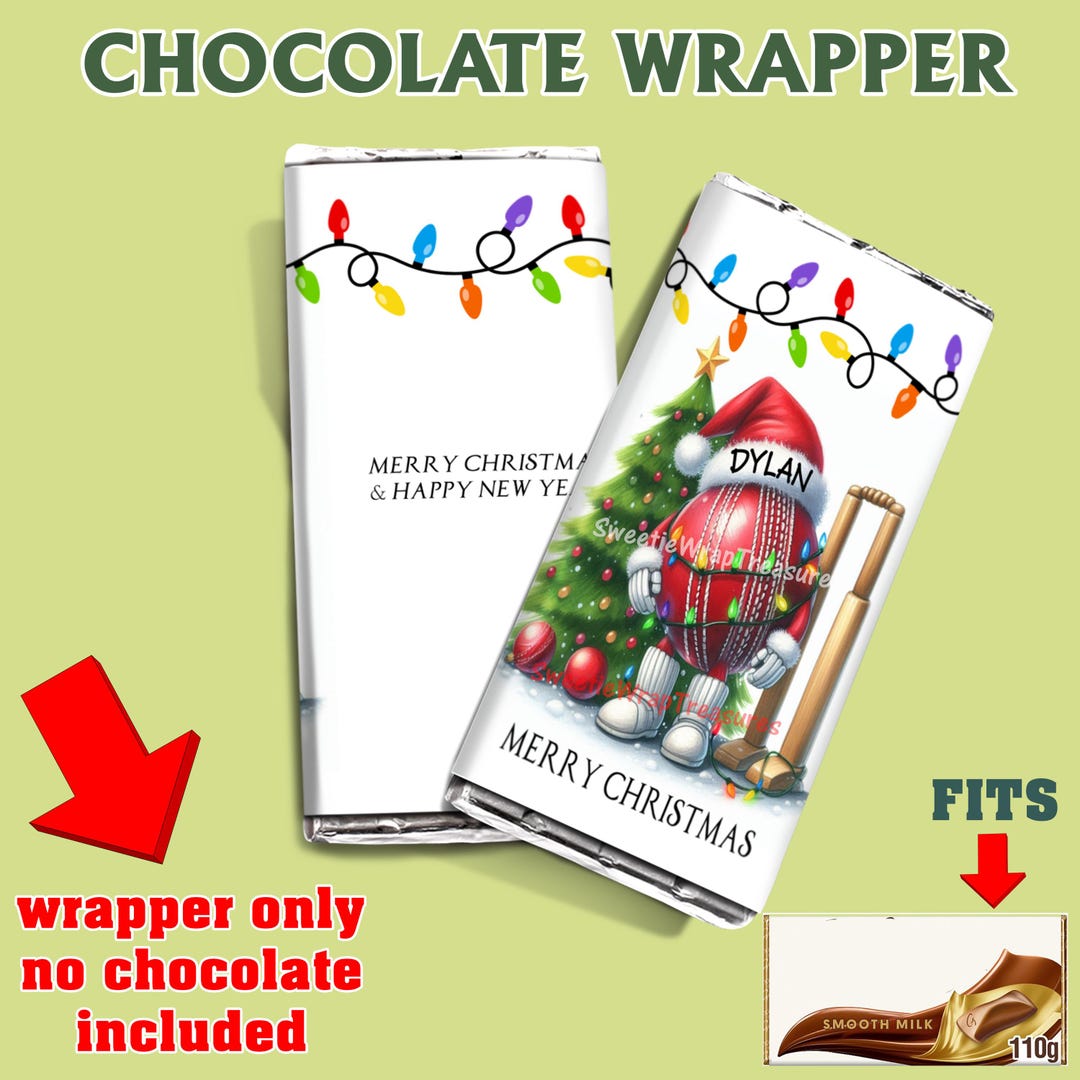 Personalised Christmas Chocolate Bar Wrapper, Cricket Ball Santa ...