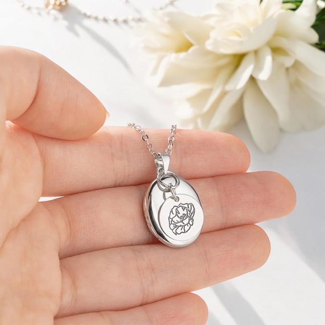 Locket Necklace With Birth Flower, Custom Engraved Locket With Photo ...