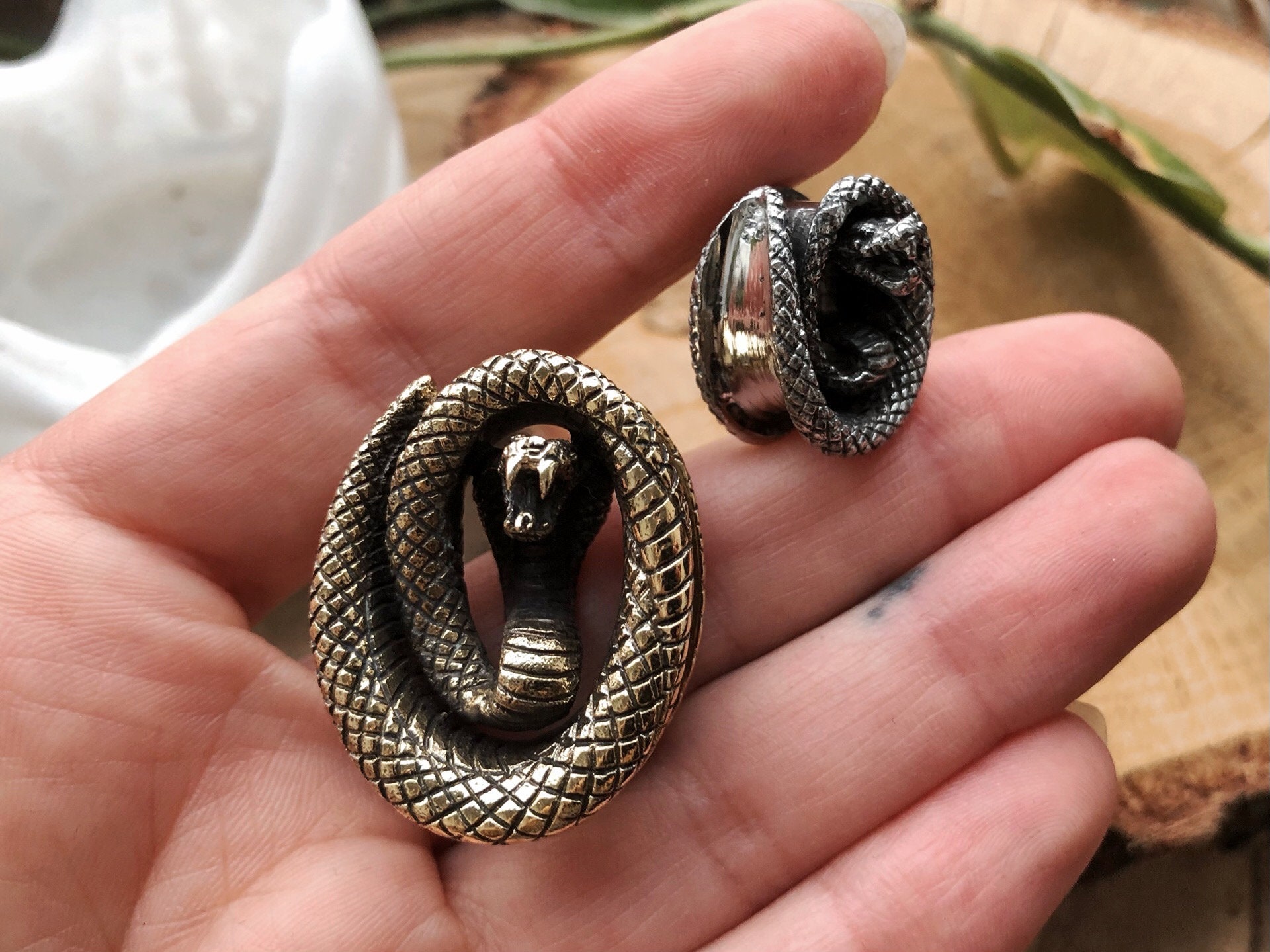 Cobra Ear Plugs Oval Tunnel Brass Silver Gold Pair - Etsy