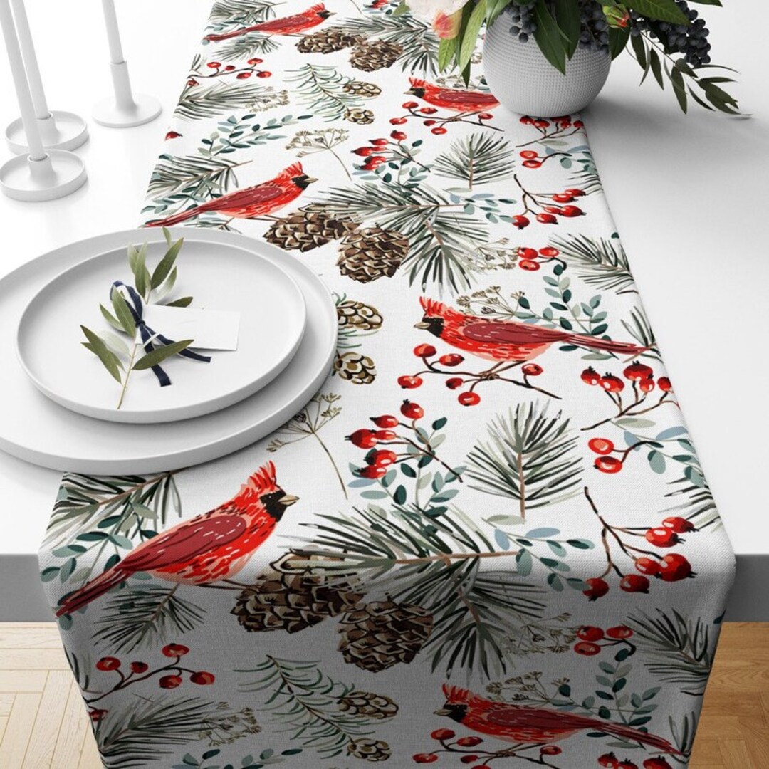 Cardinal Bird Penguin Table Runners, Winter Tablecloth, Red & White ...