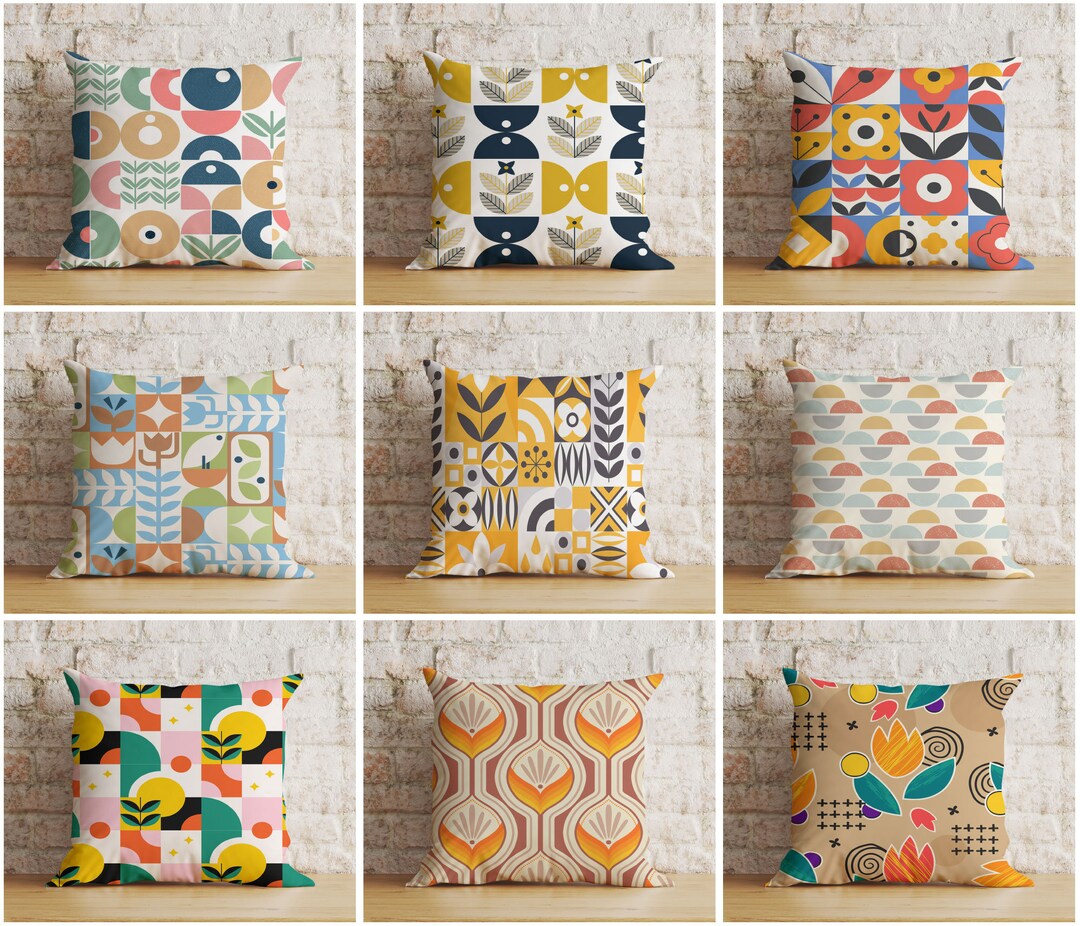 Colourful Mid-century Modern Cushion Covers, Linear Stem Retro Inspired ...