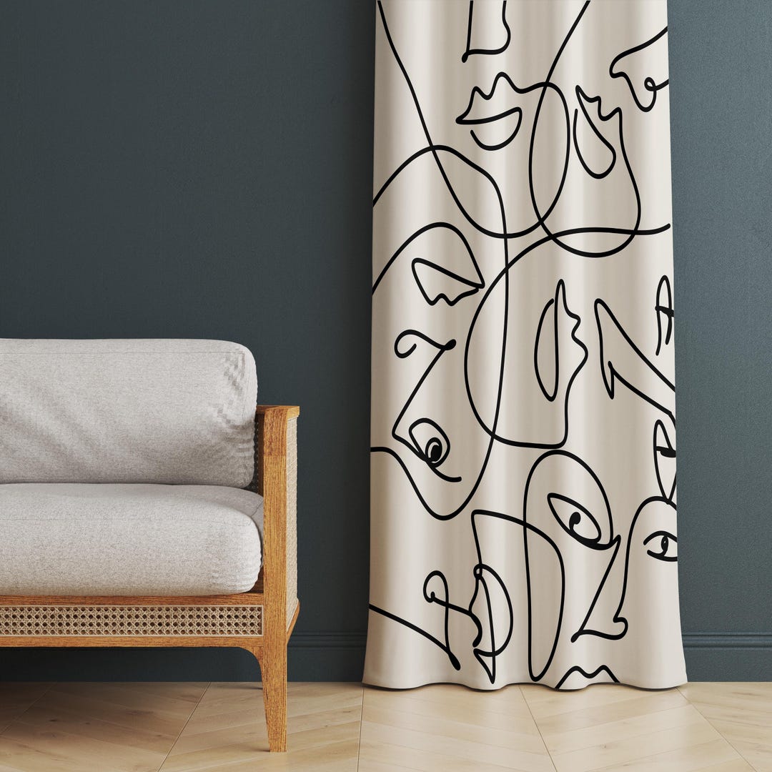 Abstract Face Line Art Curtains, Minimalist Black and White, Modern ...