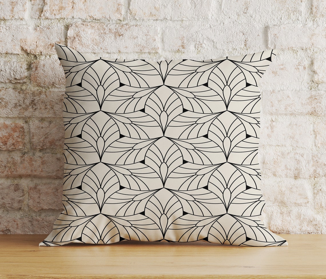 Black and White Minimal Cushion Cover, Geometric Leaf Pillow Cover ...