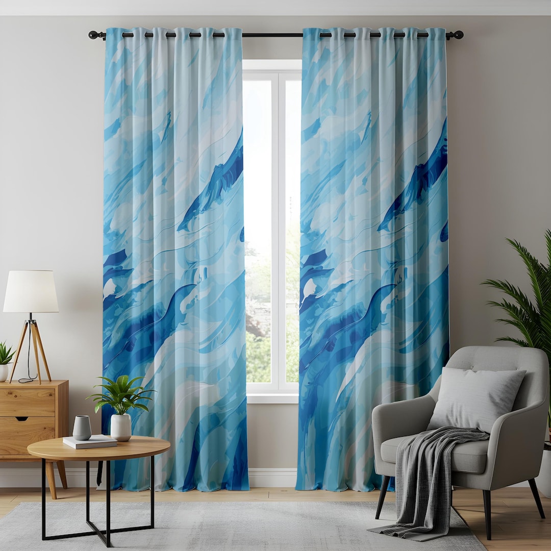 Watercolor Ocean Themed Curtains, Artistic Blue Drapes, Tranquil Wave ...