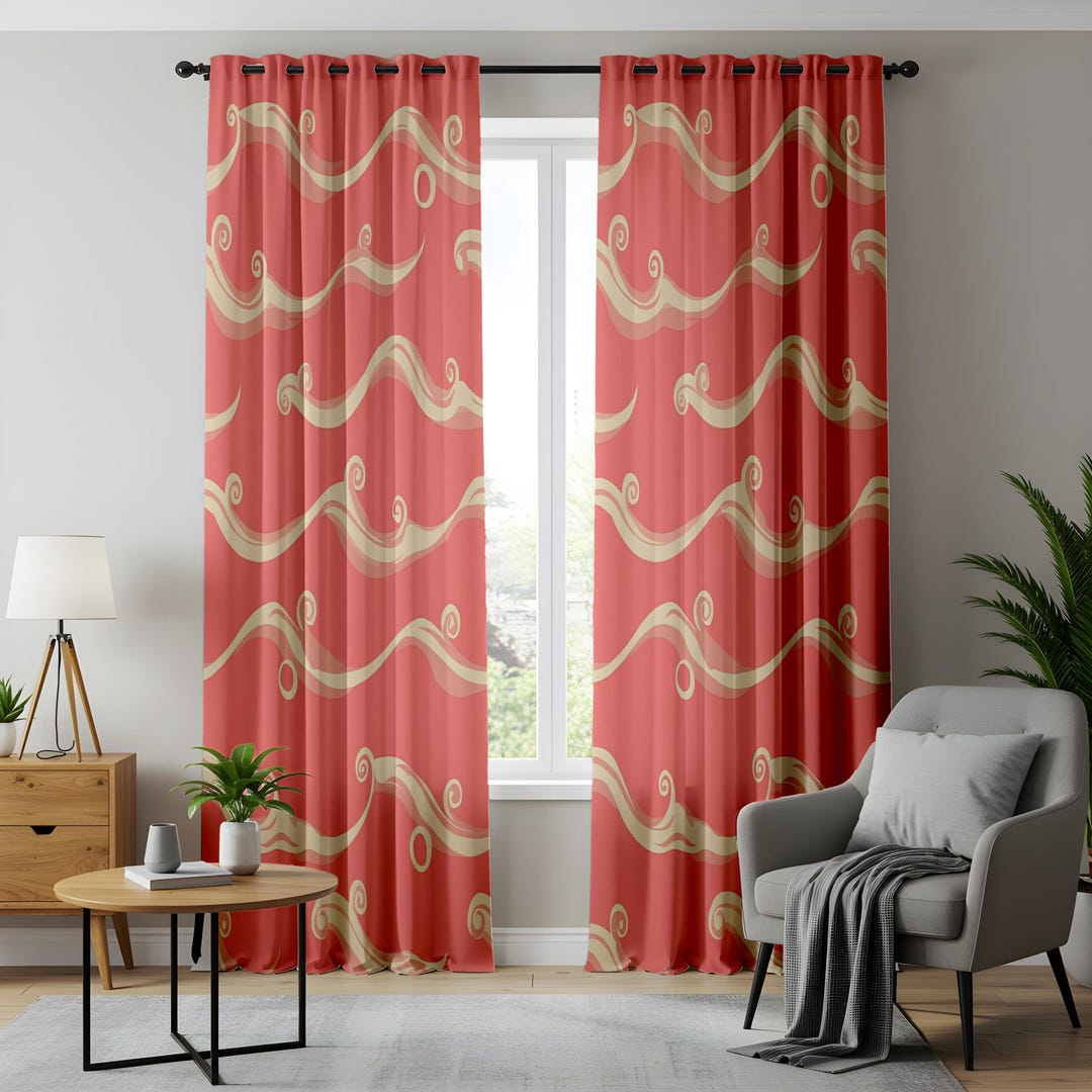 Traditional Asian Wave Curtains, Minimalist Red - Beige Swirl Pattern ...