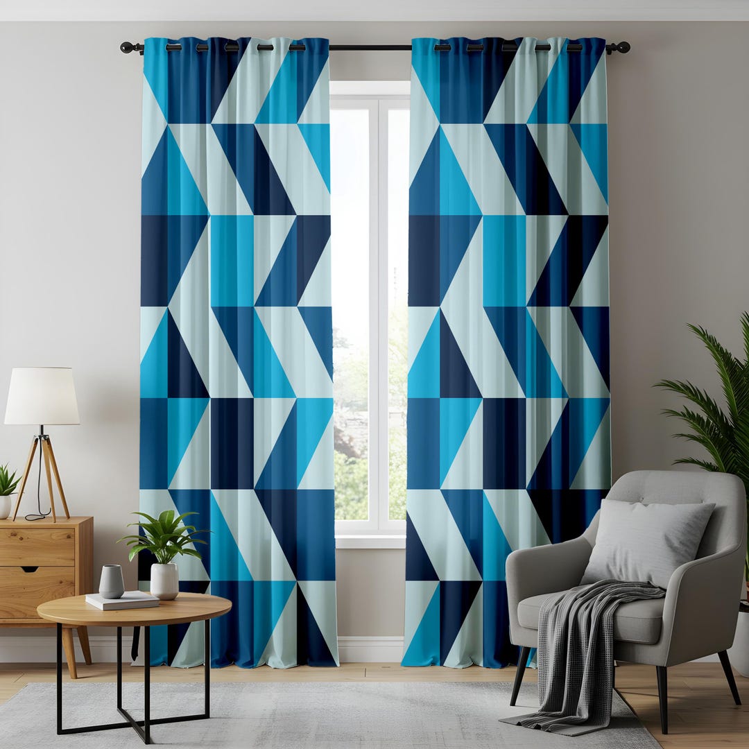 Blue Geometric Curtain, Modern Triangle Drapes, Blackout or Thermal - Etsy