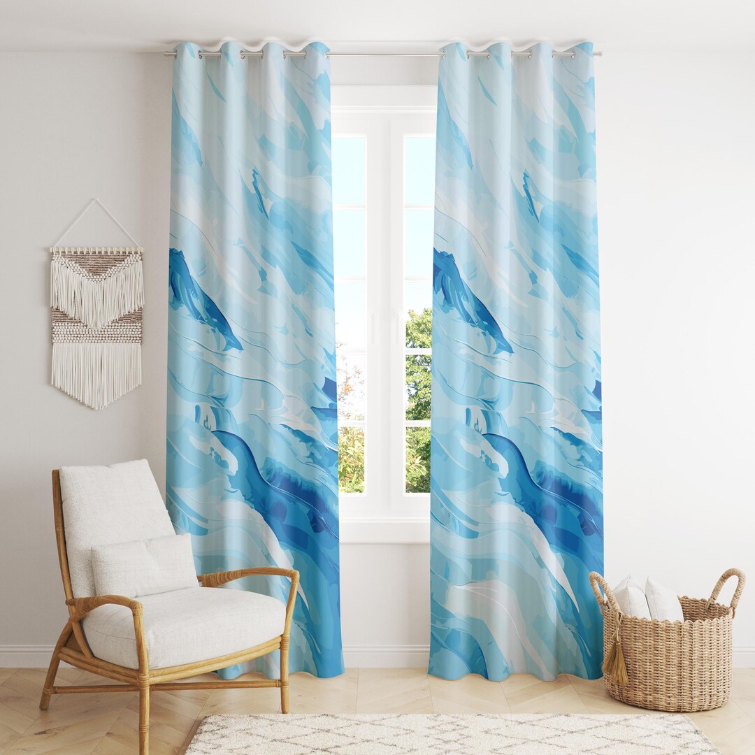 Watercolor Ocean Themed Curtains, Artistic Blue Drapes, Tranquil Wave ...