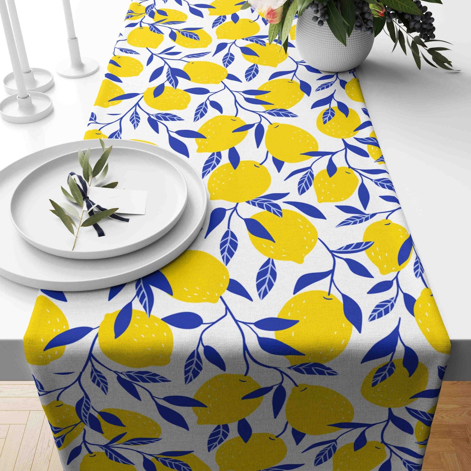 Lemon Design Table Runner, Yellow & Black Tablecloth, Lemon and ...