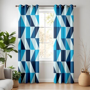 Blue Geometric Curtain, Modern Triangle Drapes, Blackout or Thermal - Etsy