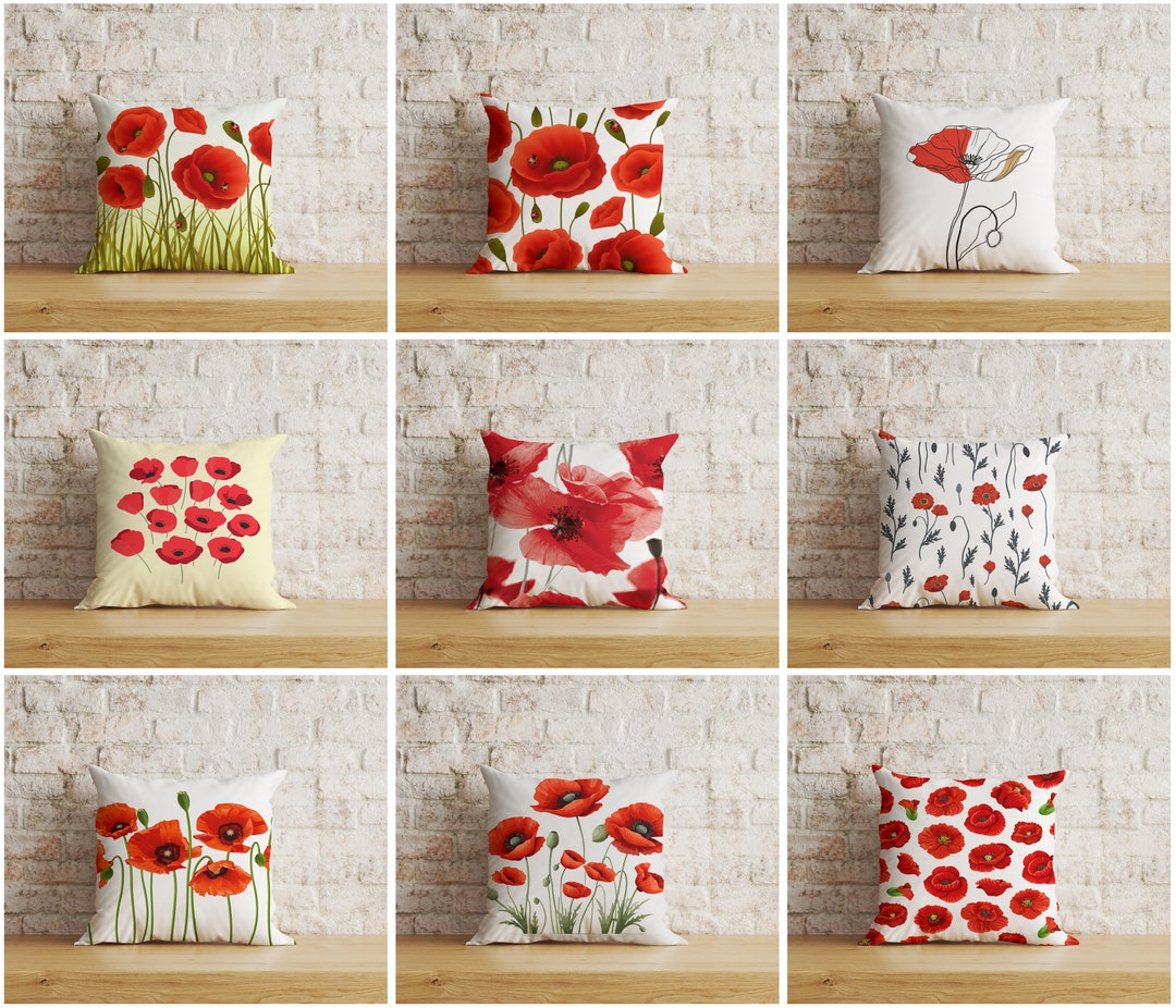 Red Poppy Flower Cushion Covers, Poppies Pillow Case, Anzac Day ...