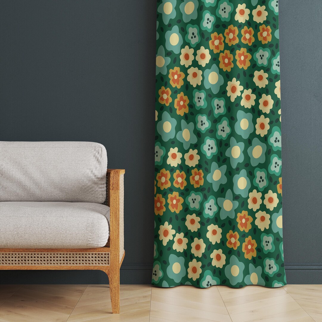 Mid-century Floral Curtains, Retro Floral Curtains, 70s Inspired Green ...