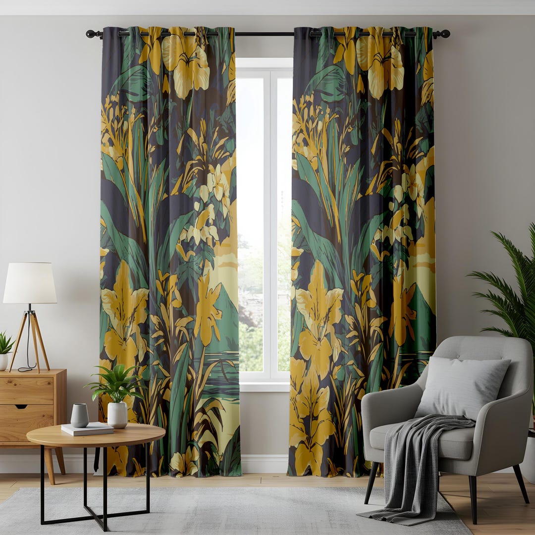 Mustard Yellow Floral Curtains, Dark Green Botanical Drapes, Moody ...