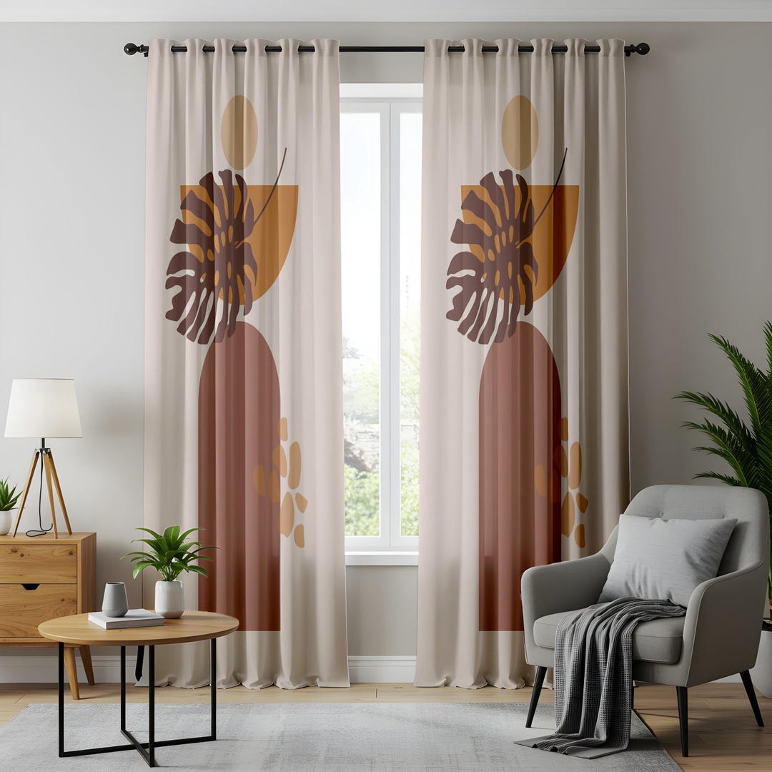 Boho Abstract Monstera Curtains, Earth Tone Botanical Drapes, Modern ...