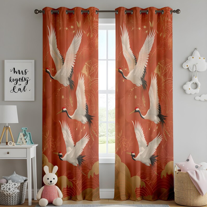 Graceful Flying Cranes Curtain, Bold Crane Pattern Drapes, Luxurious ...