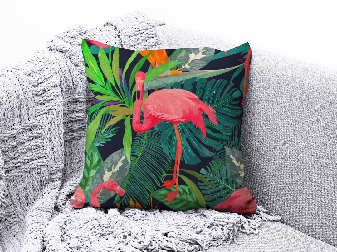 Flamingo Throw Cushion Covers, Green Pink Pillowcases, Pink Tropical ...