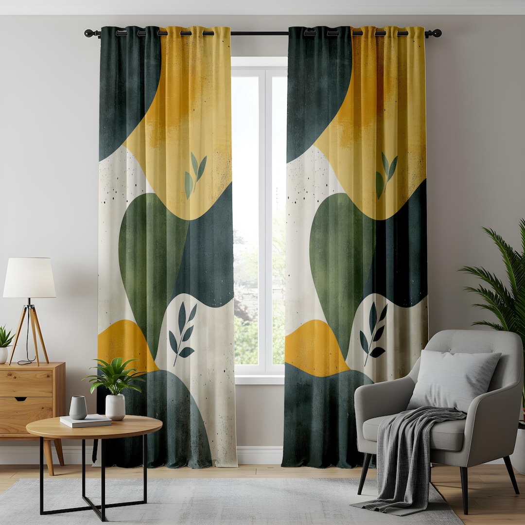 Abstract Window Curtains, Mustard Green Olive, Earthy Tone Drapes - Etsy