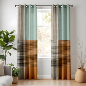 Mid-century Modern Geometric Curtains, Hand-drawn Abstract Line Pattern ...