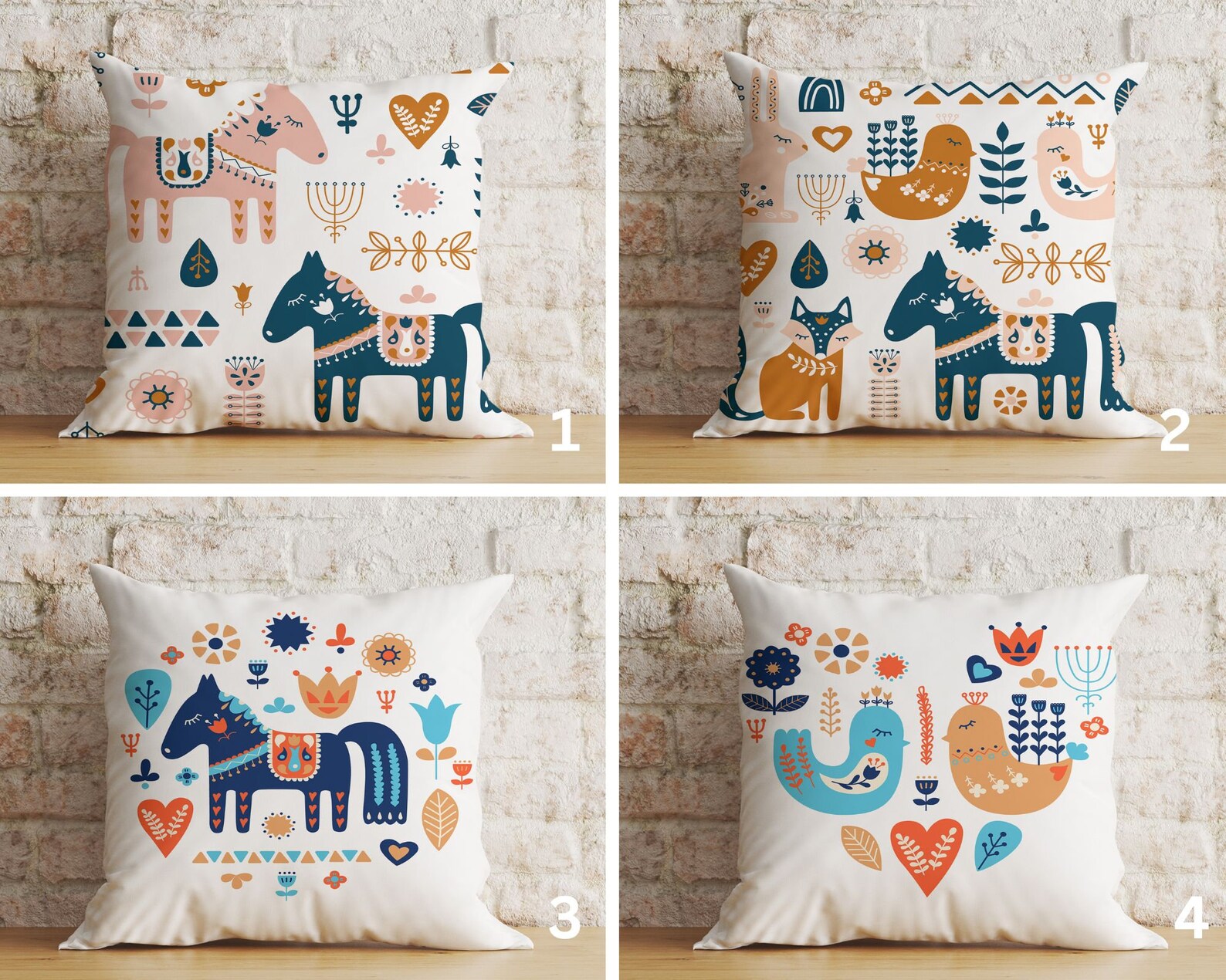 Folk Art Animals Cushion Covers, Folk Art Pillow Cover, Hand Draw Horse ...
