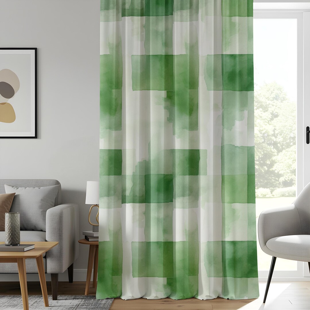 Emerald Green Watercolor Block Curtains, Minimalist Nature Decor - Etsy