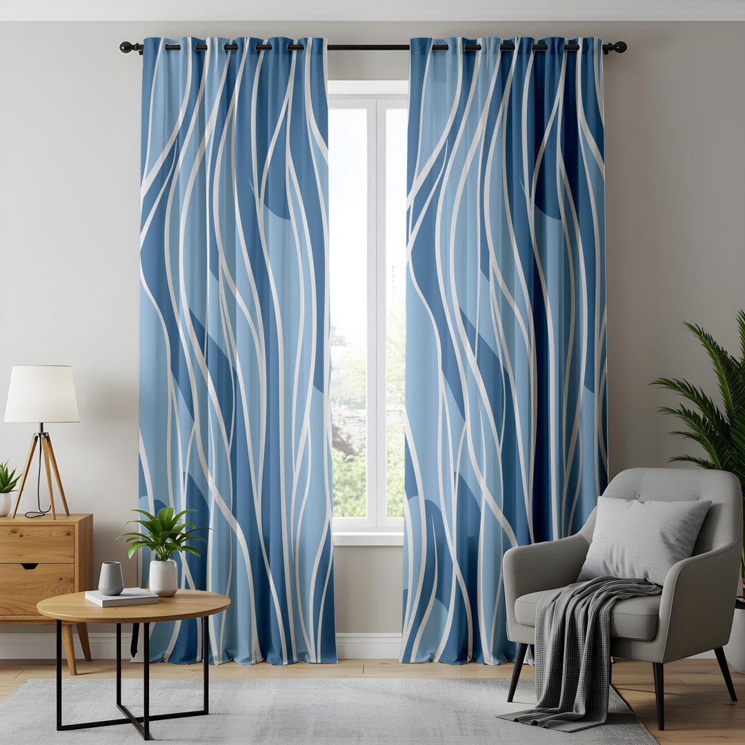 Coastal Wavy Curtains, Geometric Blue and White Drapery - Etsy