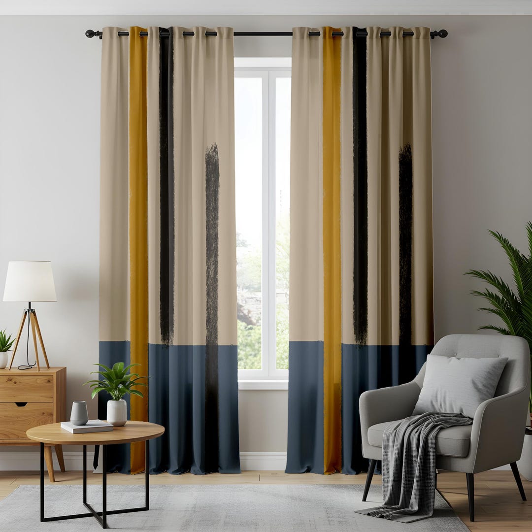 Minimalist Color Block Living Room Curtains, Modern Art-inspired Drapes ...