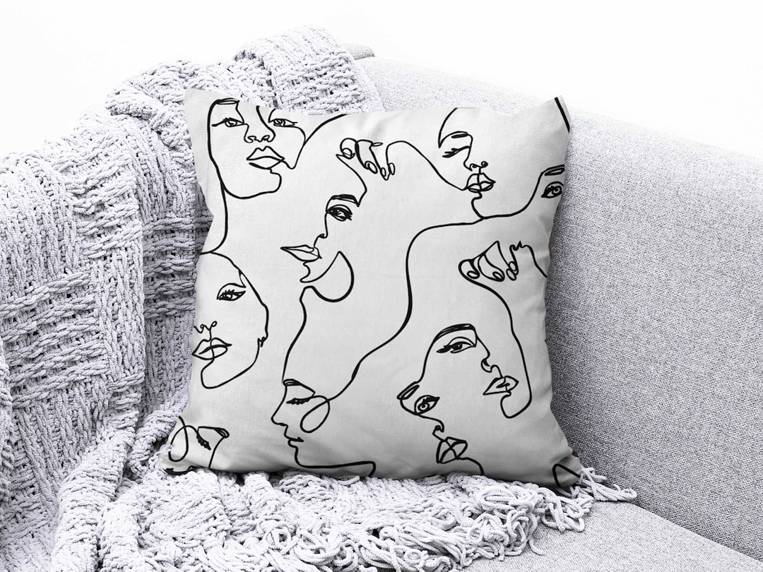 Abstract Faces Throw Pillow Cover, Boho Style Cushion, Line Art - Etsy