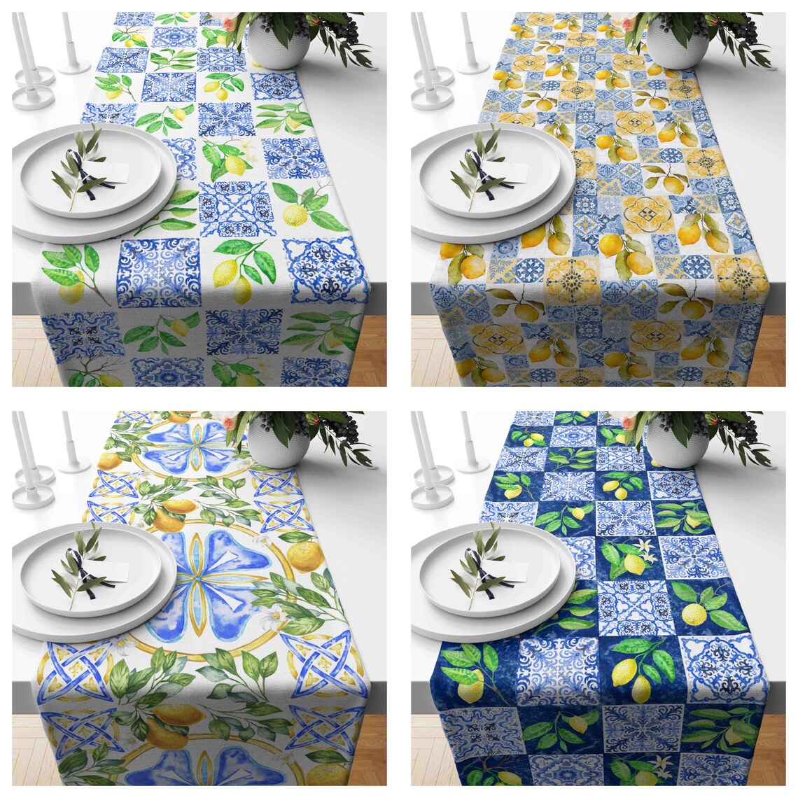 Lemons on Tile Table Runner, Blue & Yellow Kitchen Runner, Fresh Lemon ...