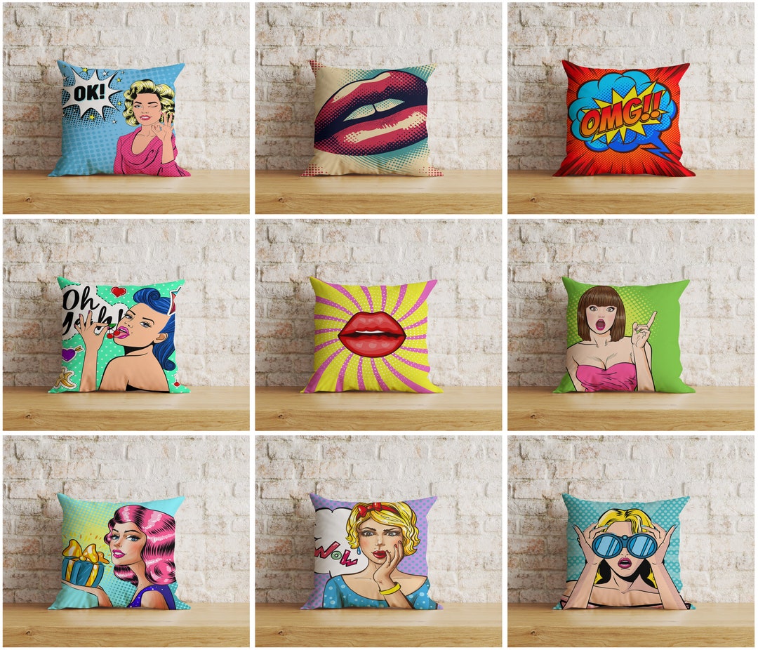 Pop Art Pillow Case, OMG-OH Yeah Pop Art Cushion Cover, Lips Pop Art ...