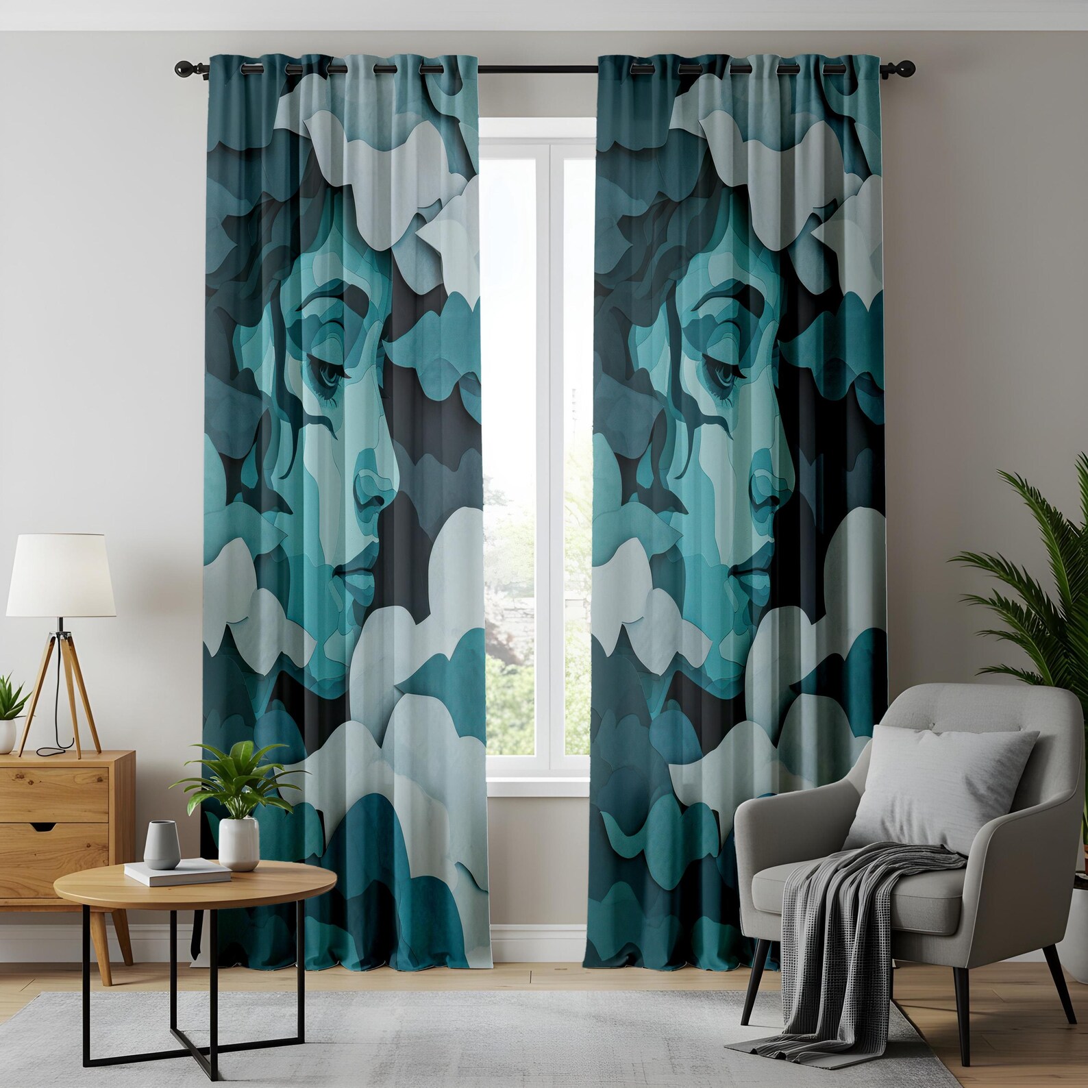Dreamy Face Living Room Curtains, Abstract Cloud Window Curtains, Blue ...