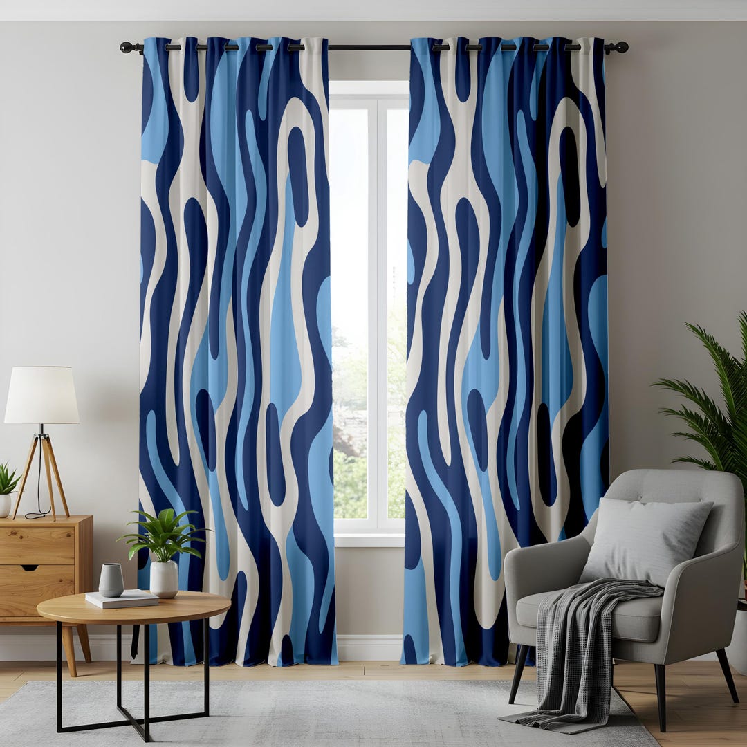 Abstract Wavy Pattern Curtains, Navy and Light Blue Tones, Modern ...