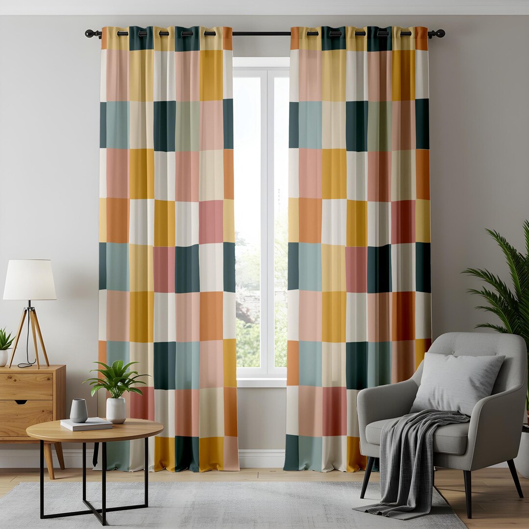 Multicolor Geometric Block Curtains, Mustard Pink Teal Patchwork Drapes ...