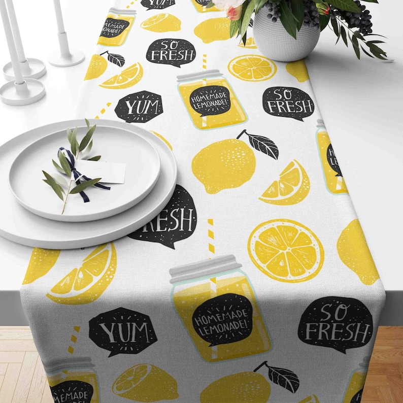 Lemon Design Table Runner, Yellow & Black Tablecloth, Lemon and ...