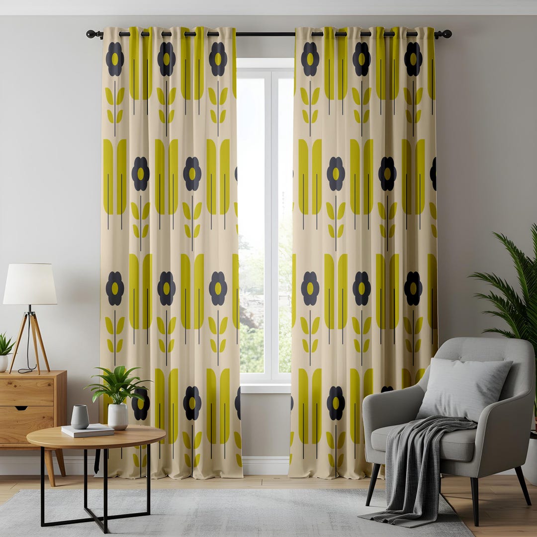 Mid Century Modern Floral Curtains, Retro Yellow and Black Flower ...