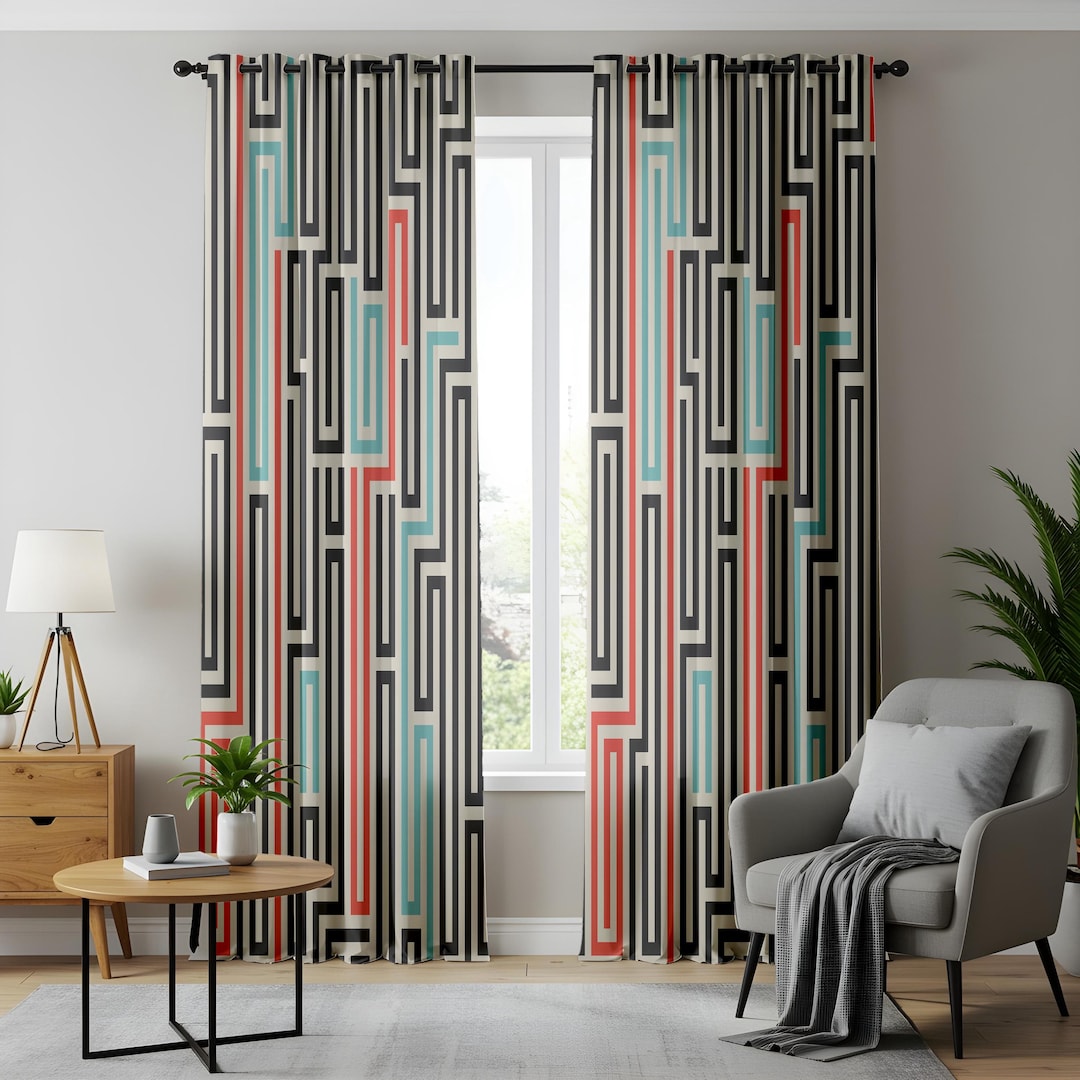 Mid-century Modern Curtains, Abstract Maze Geometric Drapes, Retro ...