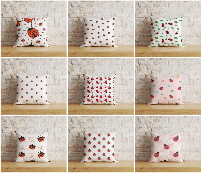 Ladybug Throw Pillow Cover, Floral Insect Design, Soft Fabric Cushion ...