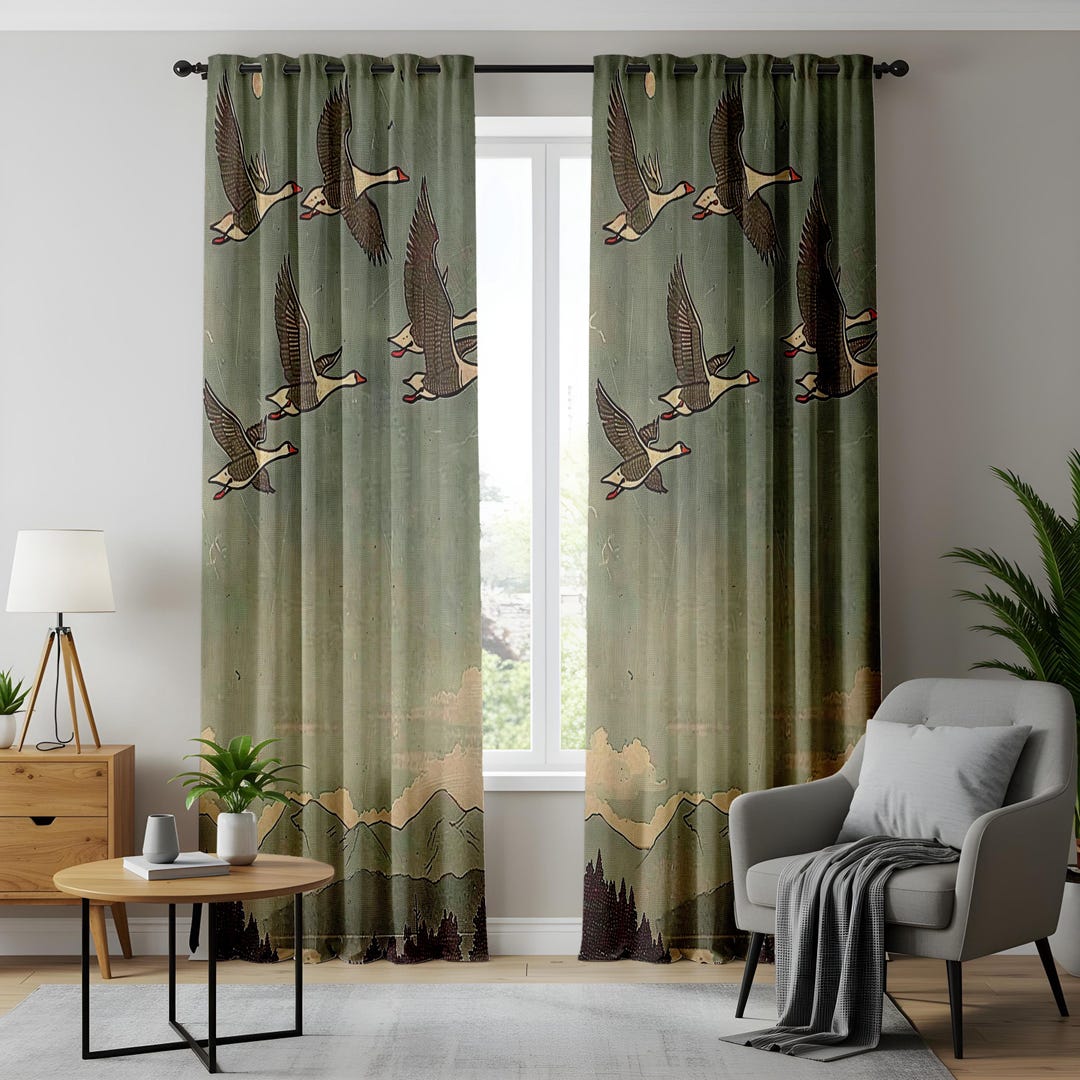 Vintage Flying Birds Curtains, Birds in Flight Mountain Landscape ...