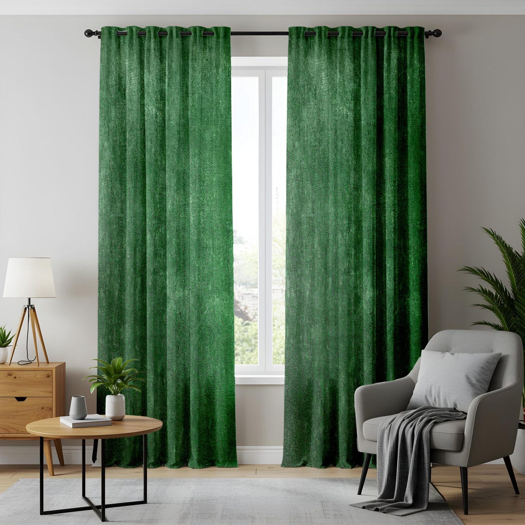 Emerald Green Textured Curtains, Vintage Grunge Window Drapes, Bold ...