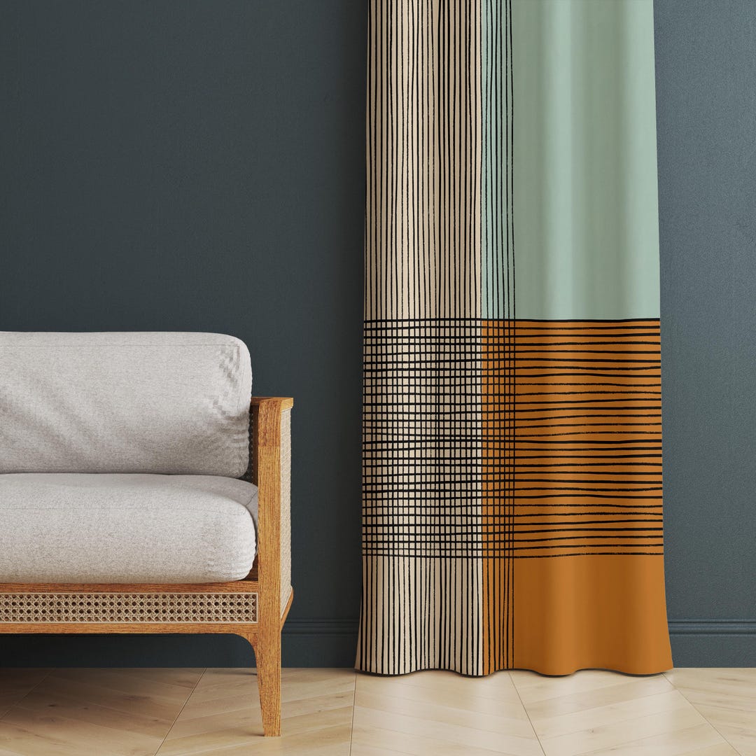 Mid-century Modern Geometric Curtains, Hand-drawn Abstract Line Pattern ...
