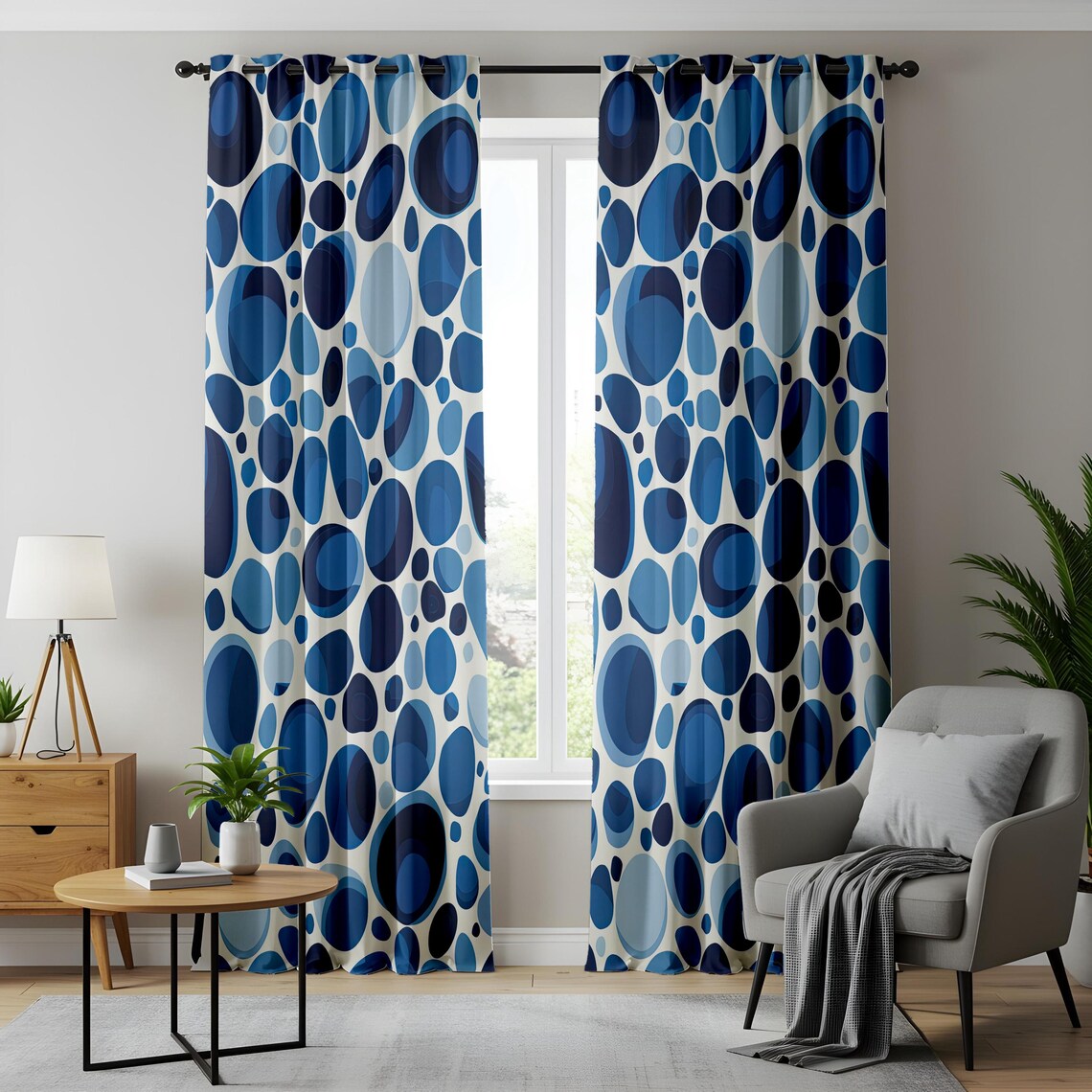 Blue Abstract Curtains, Watercolor Leaf Print Drapes, Coastal Decor - Etsy