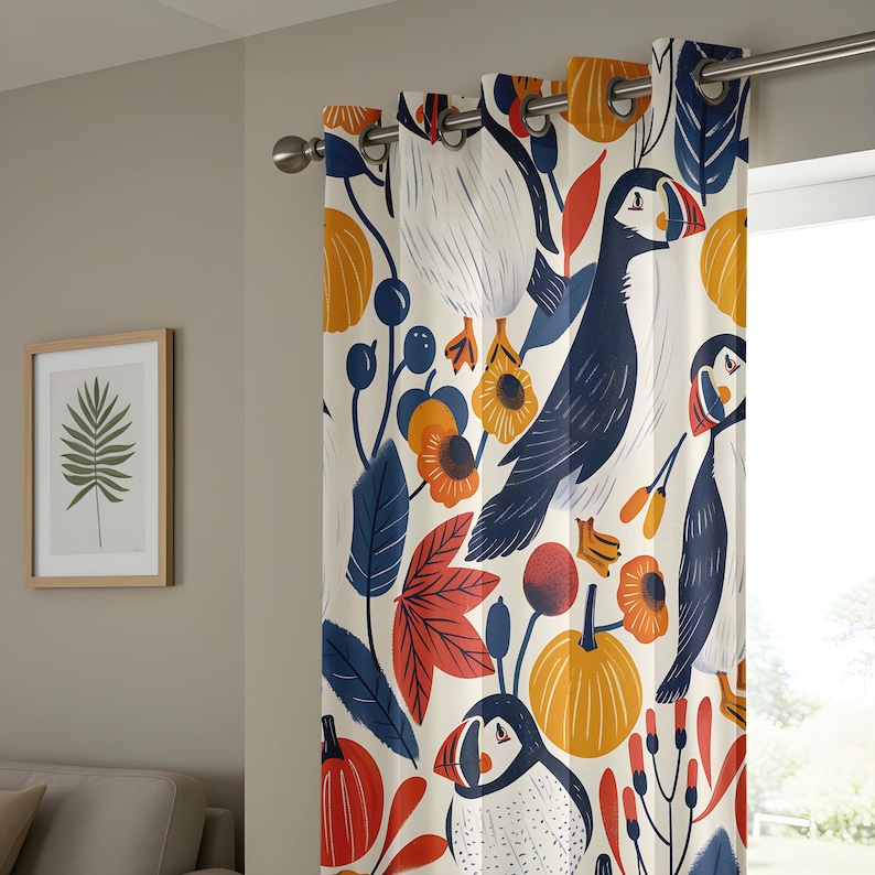 Scandinavian Puffin Bird Curtains, Autumn Botanical Window Drapes, Folk ...