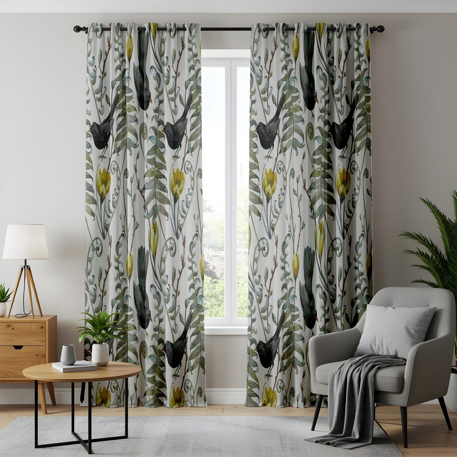 Watercolor Bird Floral Curtains, Botanical Window Drapes - Etsy