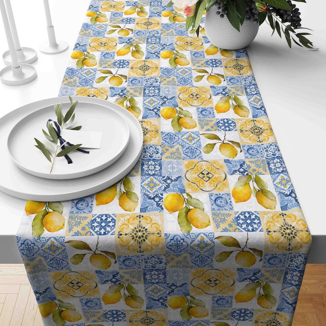 Lemon Tile Table Runner, Blue & Yellow Citrus Kitchen Decor - Etsy