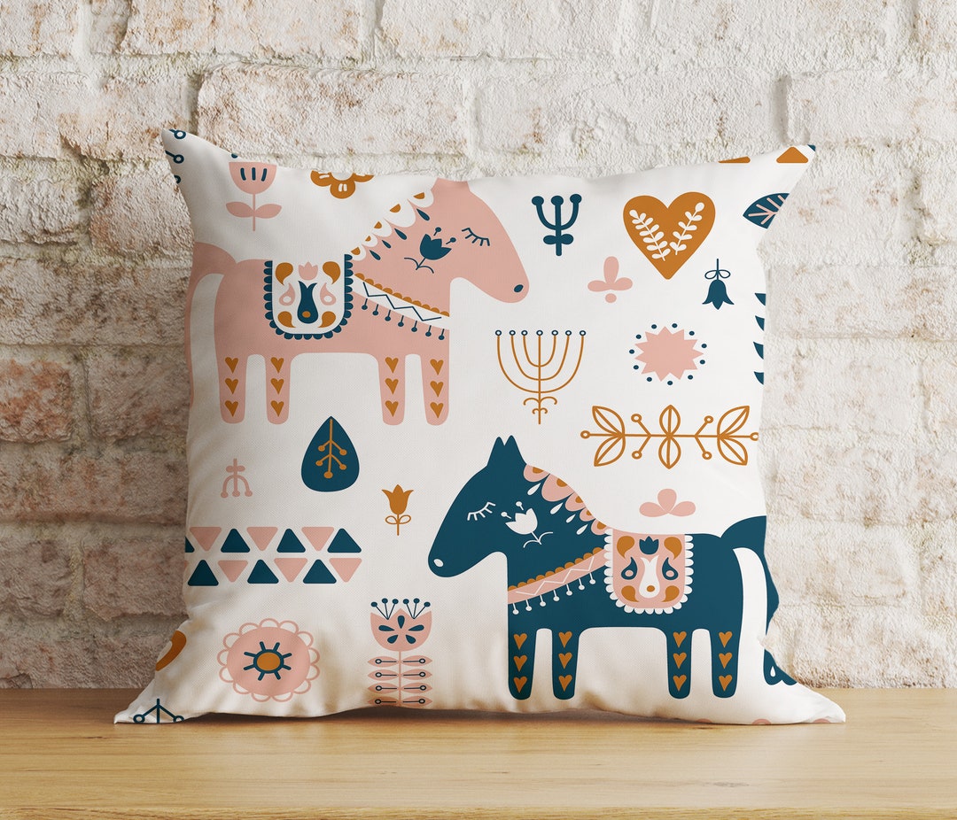 Folk Art Animals Cushion Covers, Folk Art Pillow Cover, Hand Draw Horse ...