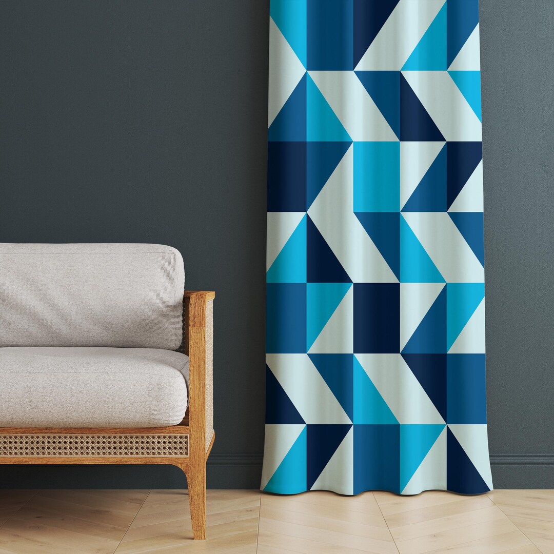 Blue Geometric Curtain, Modern Triangle Pattern, Bold Home Decor ...