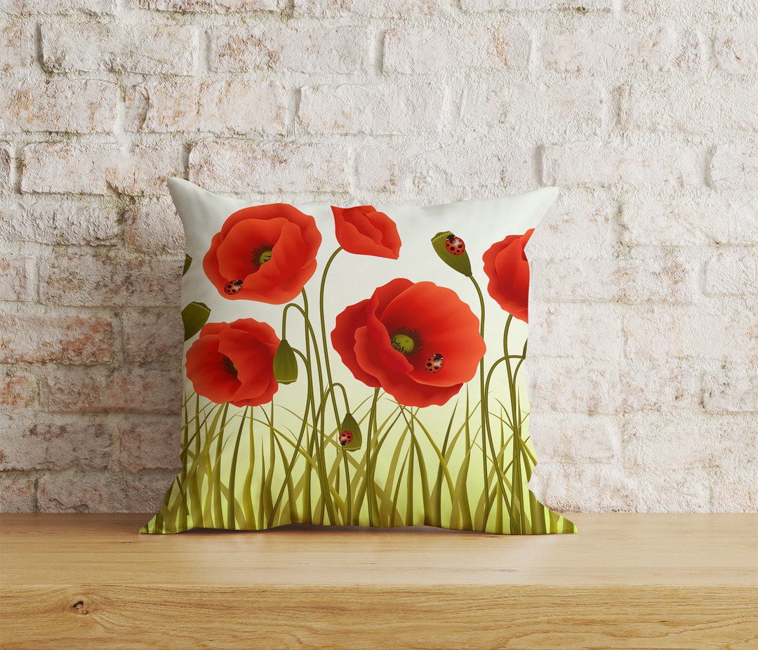 Red Poppy Flower Cushion Covers, Poppies Pillow Case, Anzac Day ...